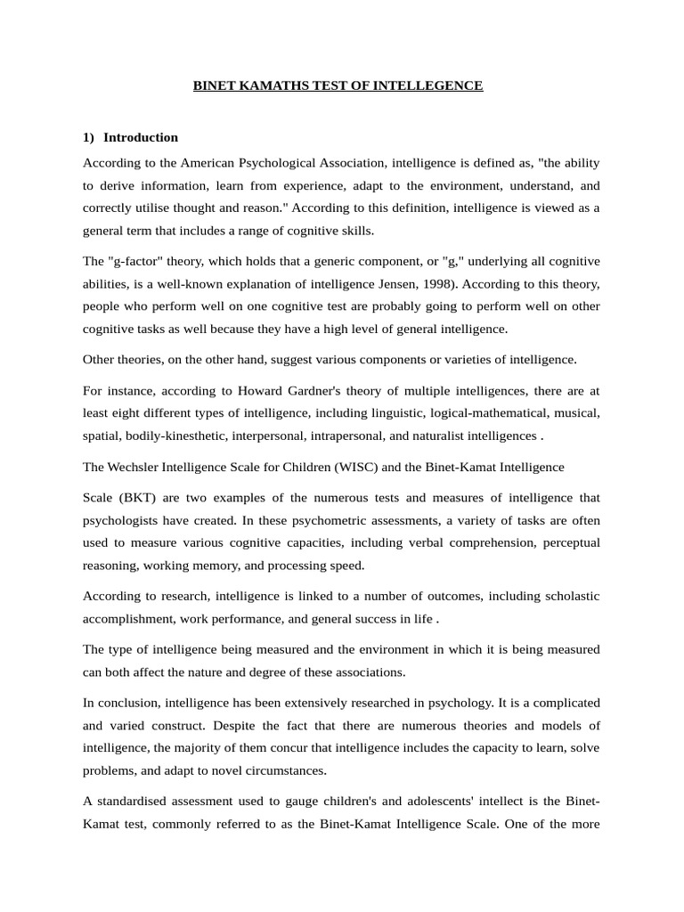 Binet Kamat Intelligence Test Overview Pdf Intelligence Quotient