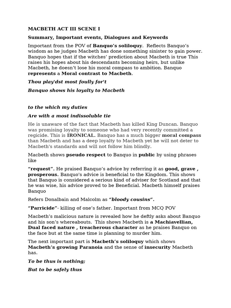 MACBETH ACT III SCENE I Exam Notes | PDF | Macbeth | Shakespearean ...