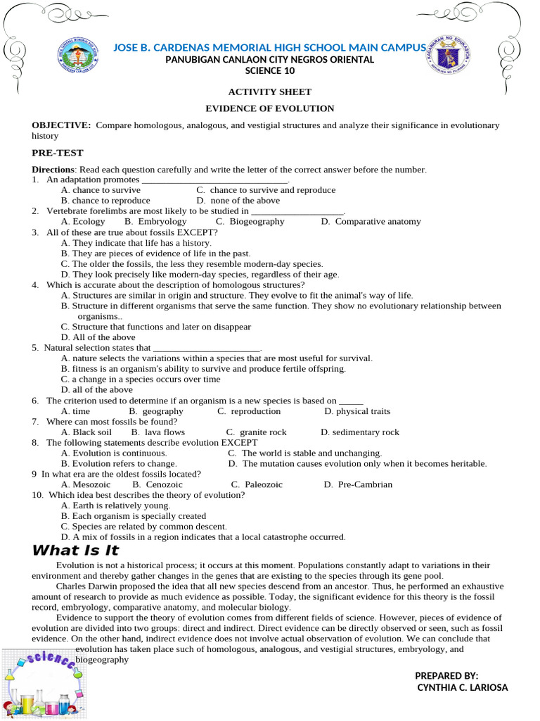 Q3-Evolution Weekly Test | PDF | Evolution | Homology (Biology)
