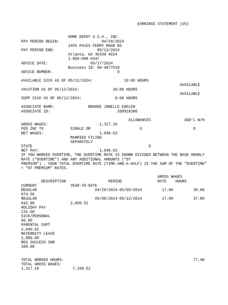 Payslip For Stub Home Depot | PDF | Employee Relations | Taxation