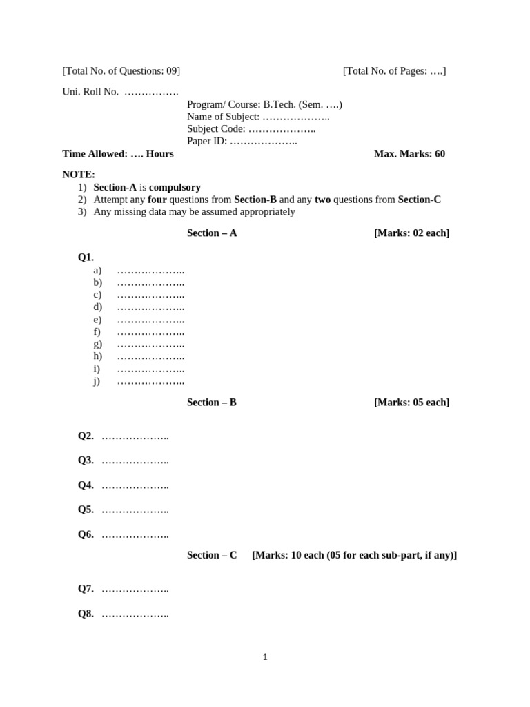 QP Format - B.Tech. - 2 - 3 - 4th Year - 0numerical | PDF
