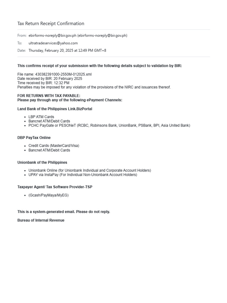 Tax Receipt Confirmation from BIR | PDF