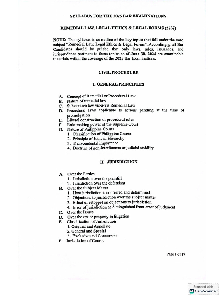 Syllabus For The 2025 BAR EXAMINATION | PDF