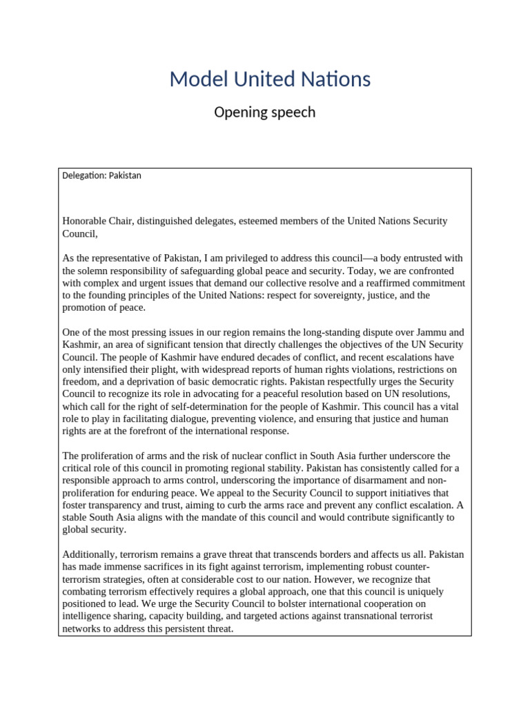 Model United Nations speech | PDF | United Nations | International ...