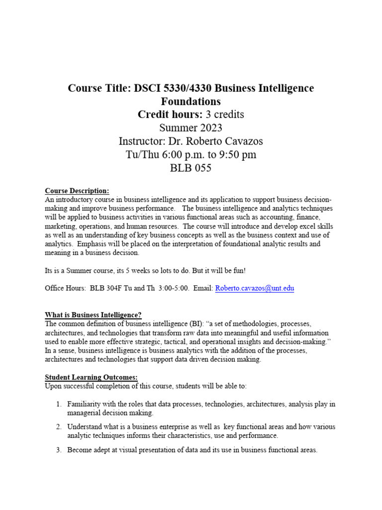 Cavazos Roberto - DSCI 5330 Business Intelligence Foundations-1 | PDF | Analytics | Business ...
