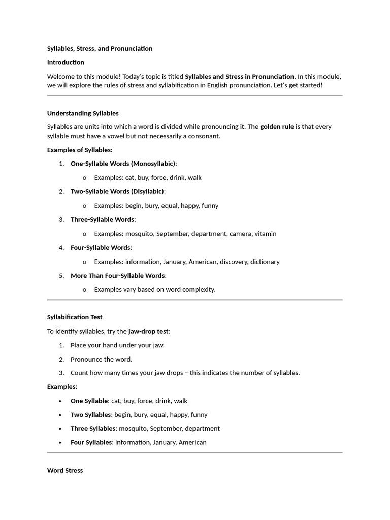 Syllables and Stress in English Pronunciation | PDF | Syllable | Stress ...