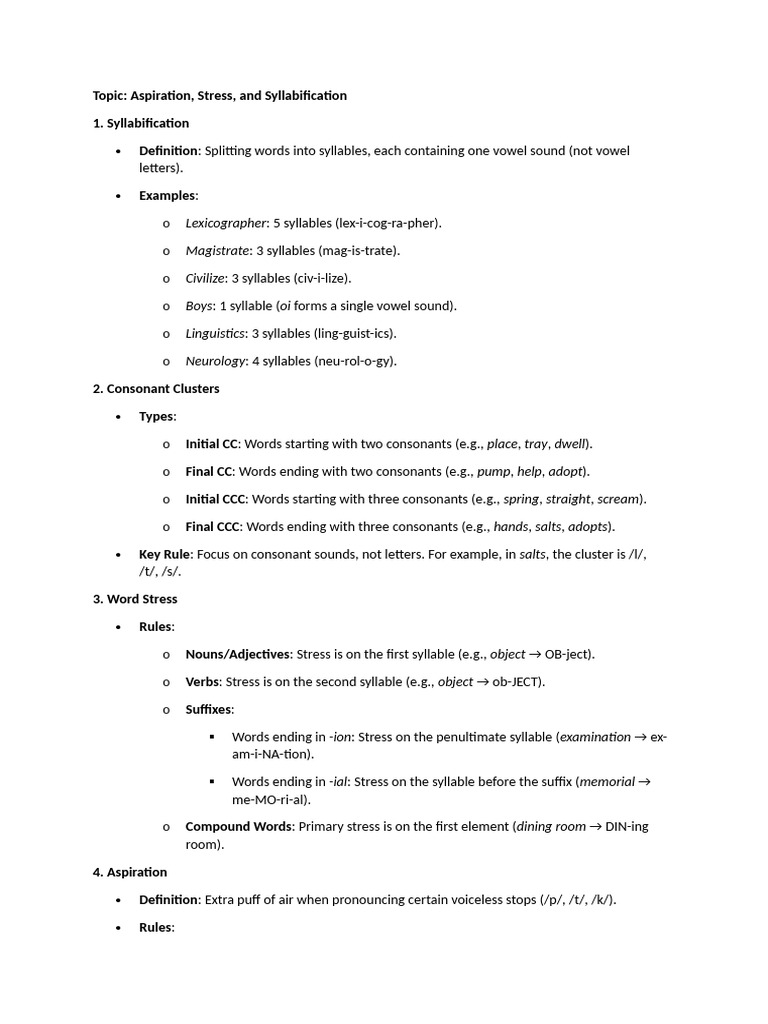 L8.5 Aspiration, Stress and Syllabification | PDF | Stress (Linguistics) | Word
