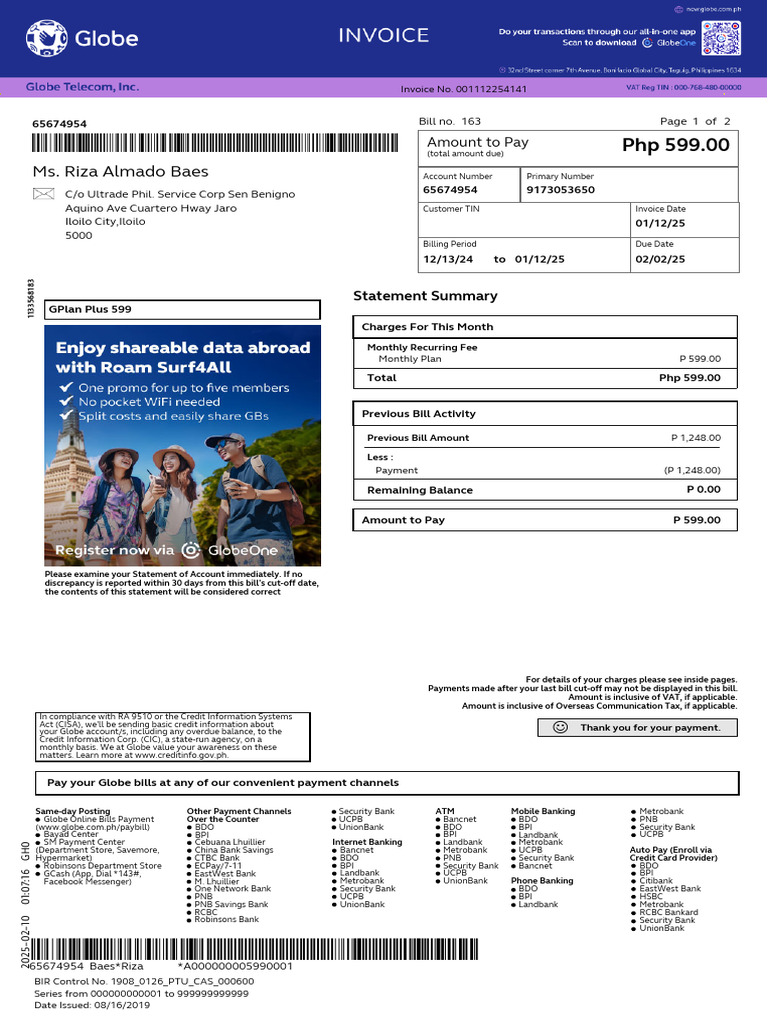 Globe Bill 09173053650 | PDF | Value Added Tax | Payments