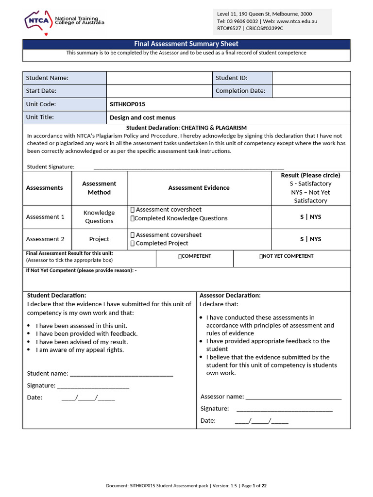 SITHKOP015 Student Assessment Pack | PDF | Menu | Marketing Research