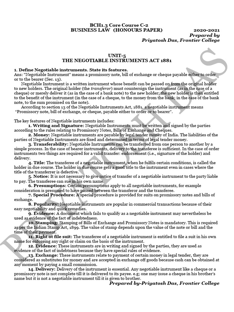 Negotiable Instruments Act Overview | PDF | Negotiable Instrument | Cheque