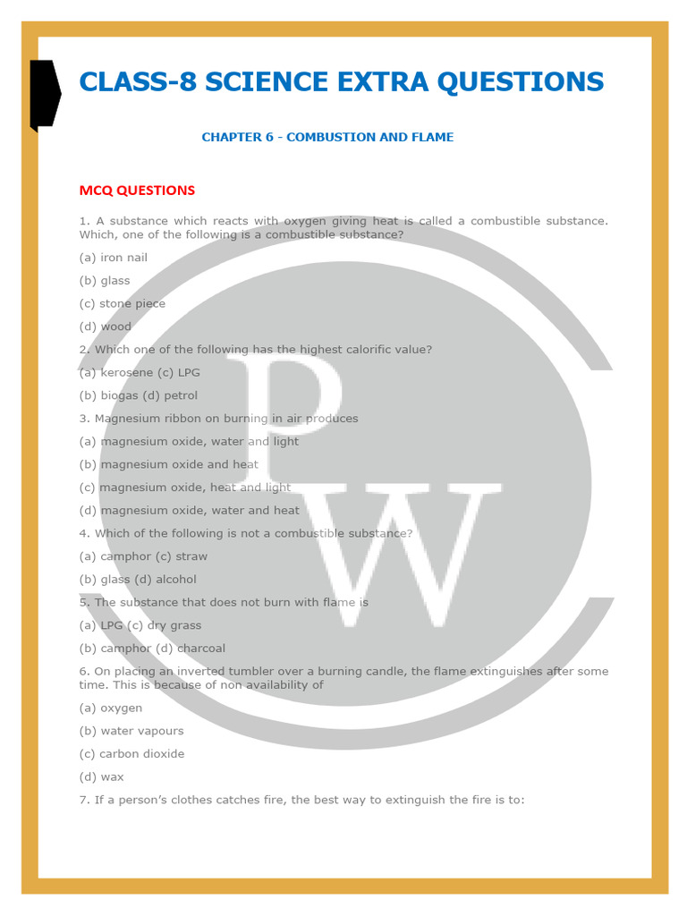 Class 8 Science: Combustion & Flame MCQs | PDF | Combustion | Fires