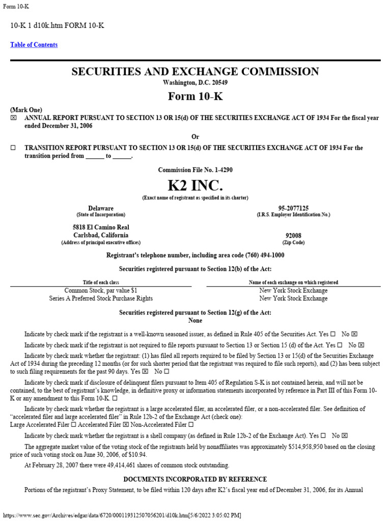 K2 Inc.: Securities and Exchange Commission Form 10-K | PDF | Form 10 K ...