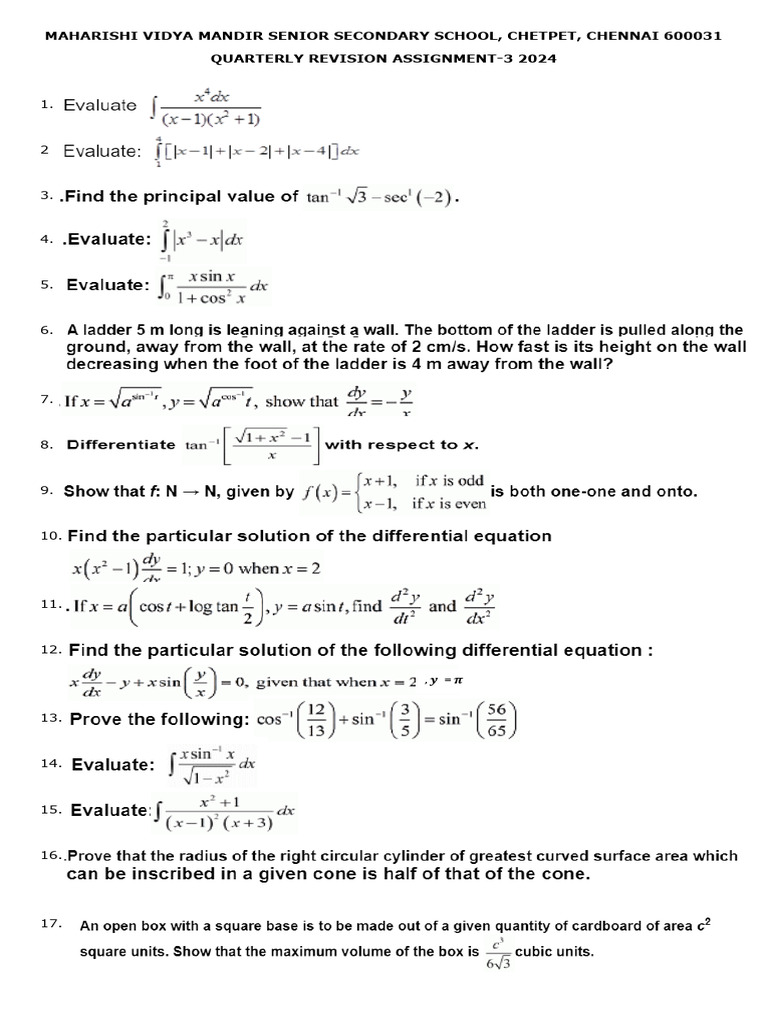 Maharishi Vidya Mandir Senior Secondary School Qrtrly Revision Assignment-3 Aug 2024 | PDF