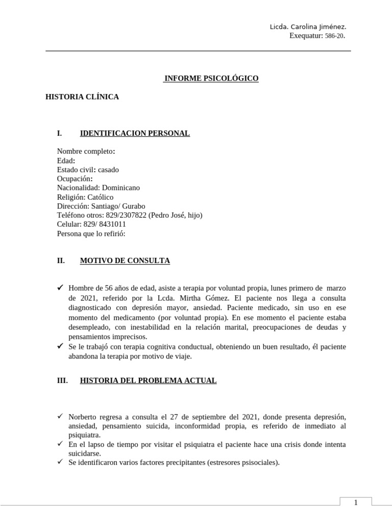 Informe Clinico . | PDF | Trastorno depresivo mayor | Ansiedad