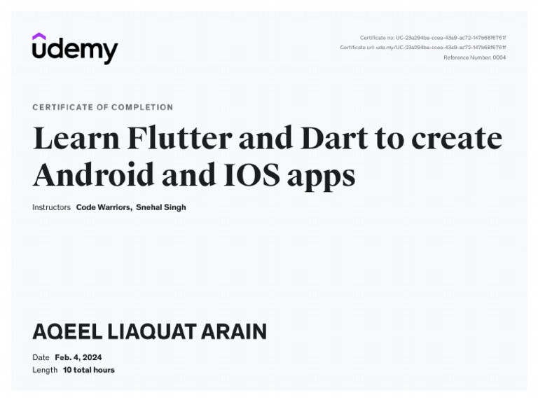 Flutter and Dart To Create Android IOS Apps Completed Certificate AQEEL | PDF