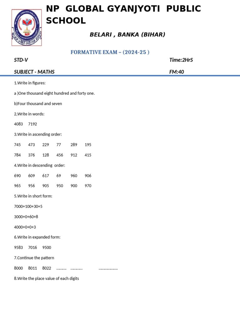 NP GLOBAL GYANJYOTI PUBLIC SCHOO1 STD 3 Maths | PDF