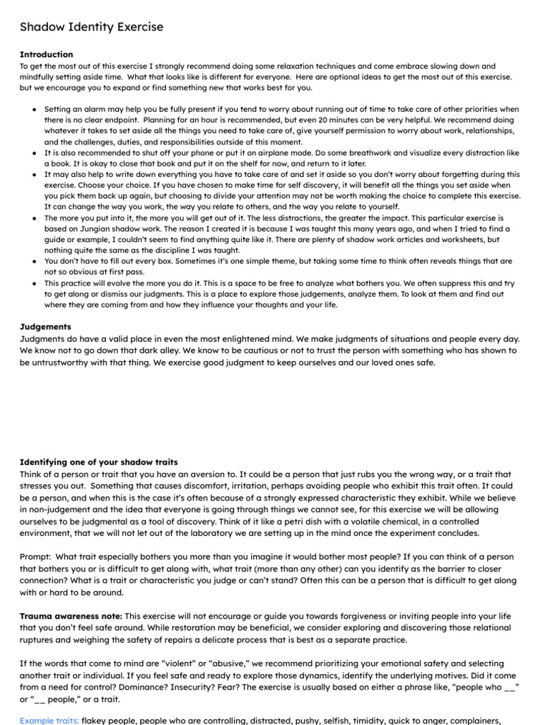 Shadow Identity worksheet | PDF | Shadow (Psychology) | Self
