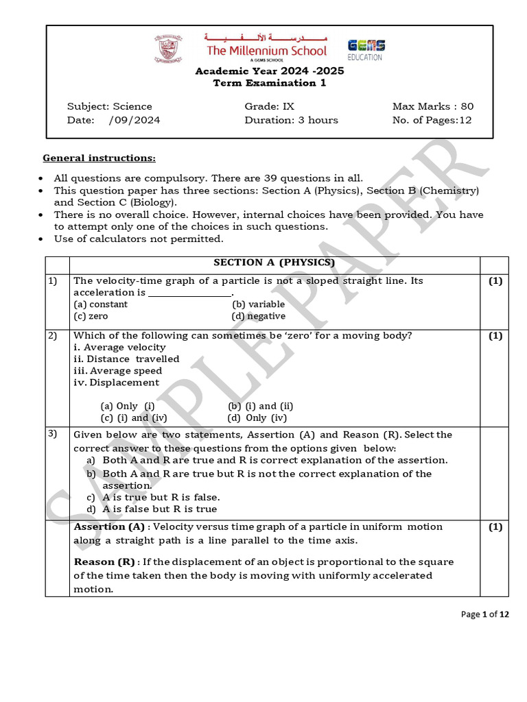 GR 9 Sample Paper SA1 Science 2024-25 | PDF | Tissue (Biology) | Atoms