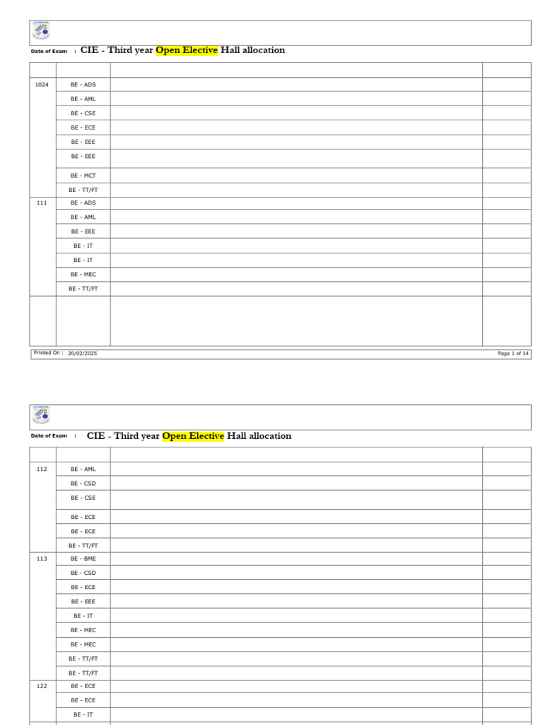 CIE Test - Revised Open Elective Hall Allocation | PDF
