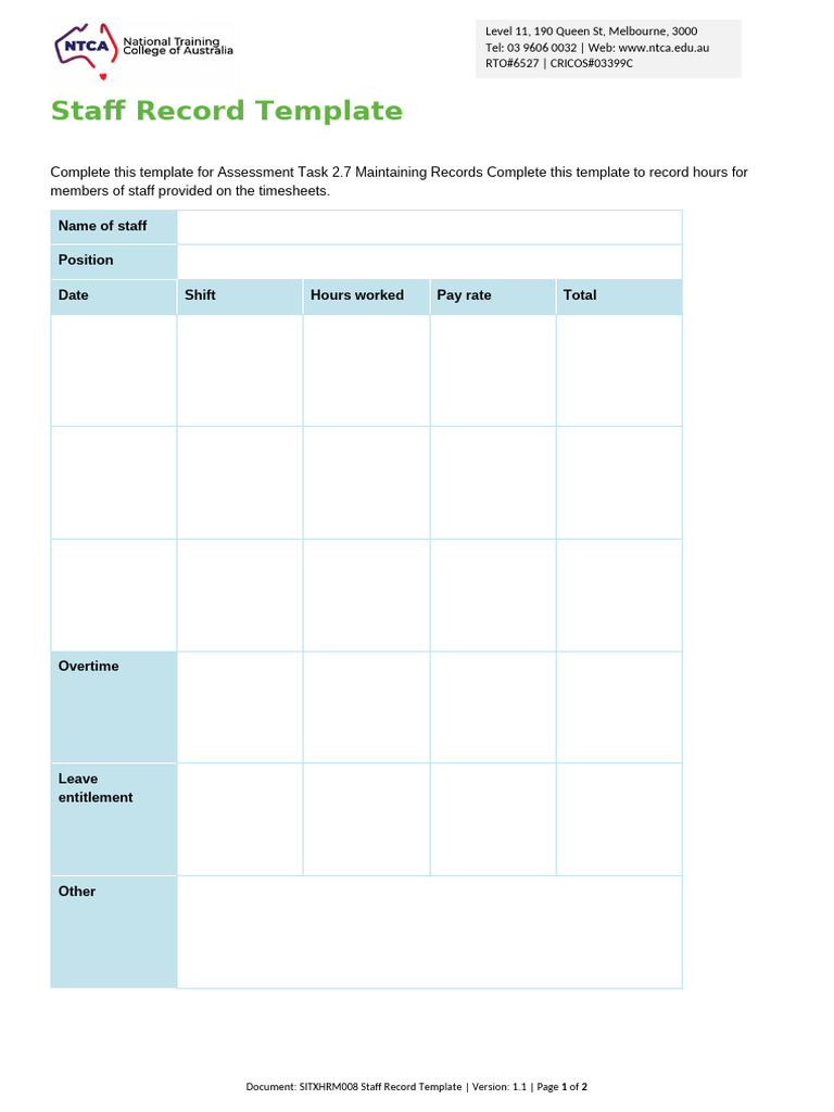 SITXHRM008 Staff Record Template | PDF