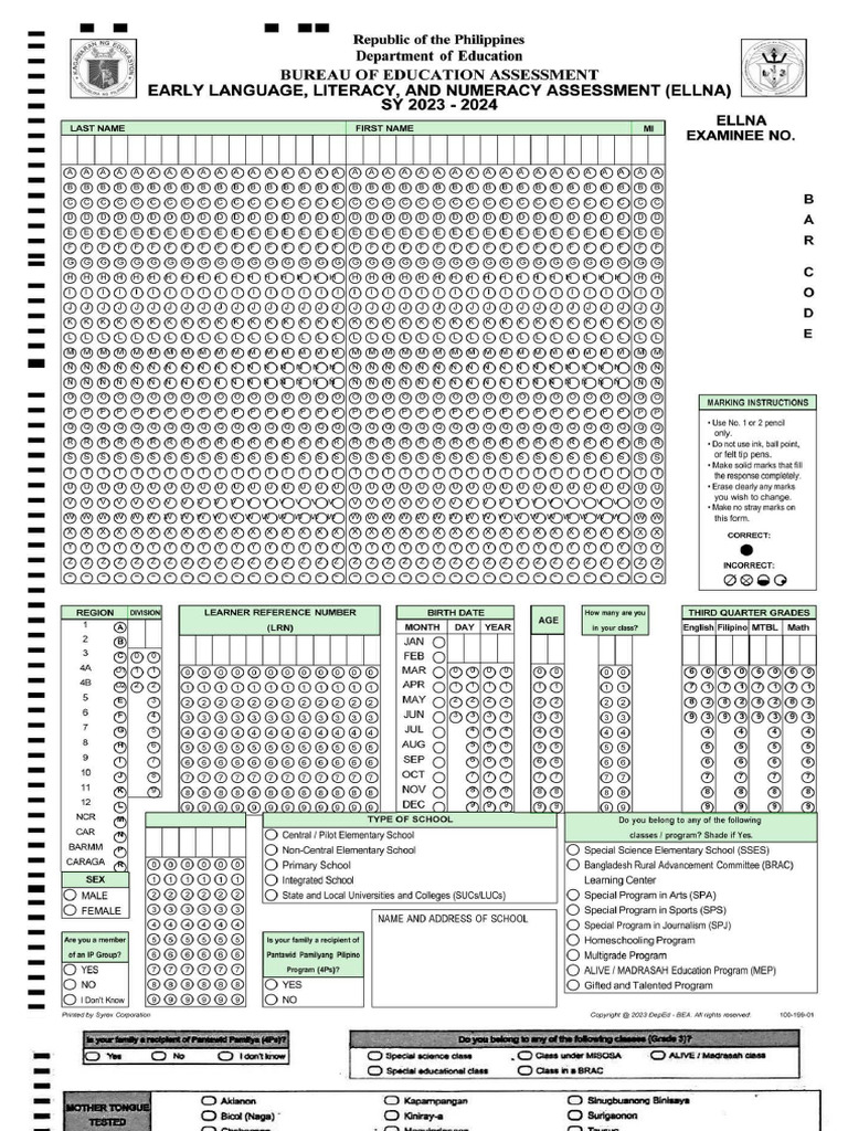 2023-2024 Elln Answer Sheet | PDF