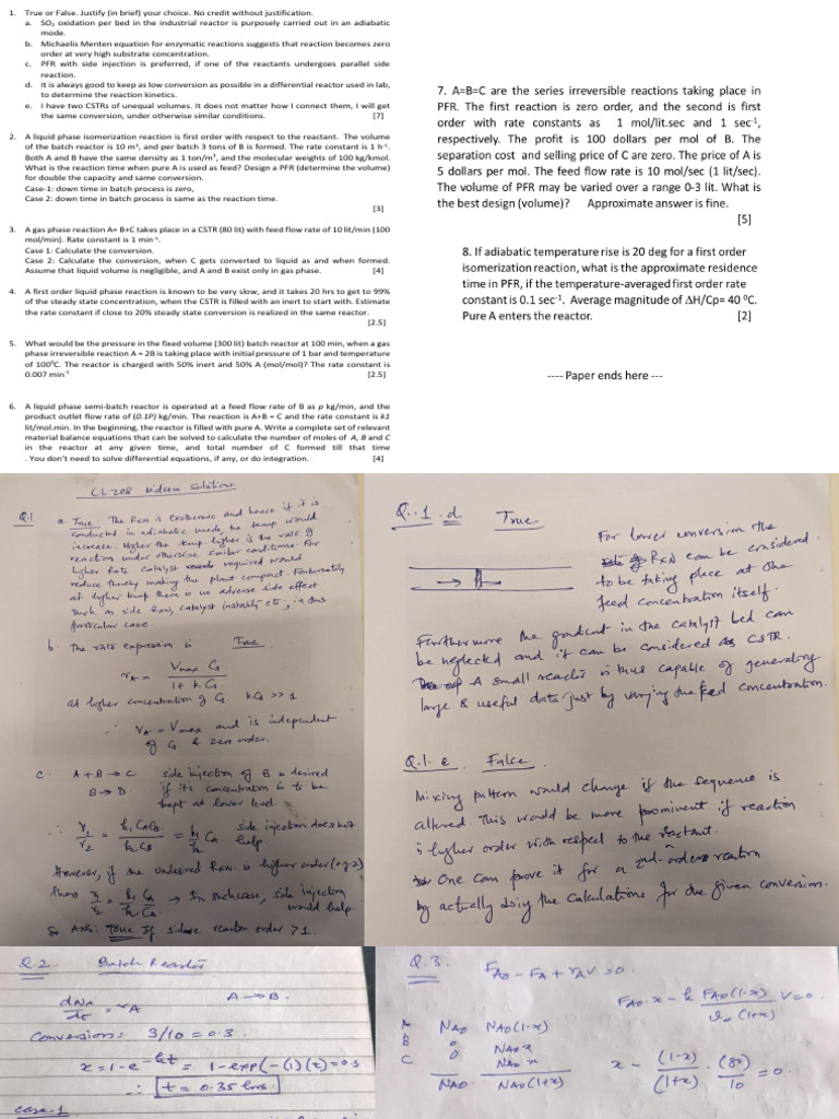 midsem solution (1) | PDF | Chemical Reactor | Chemical Reaction Engineering