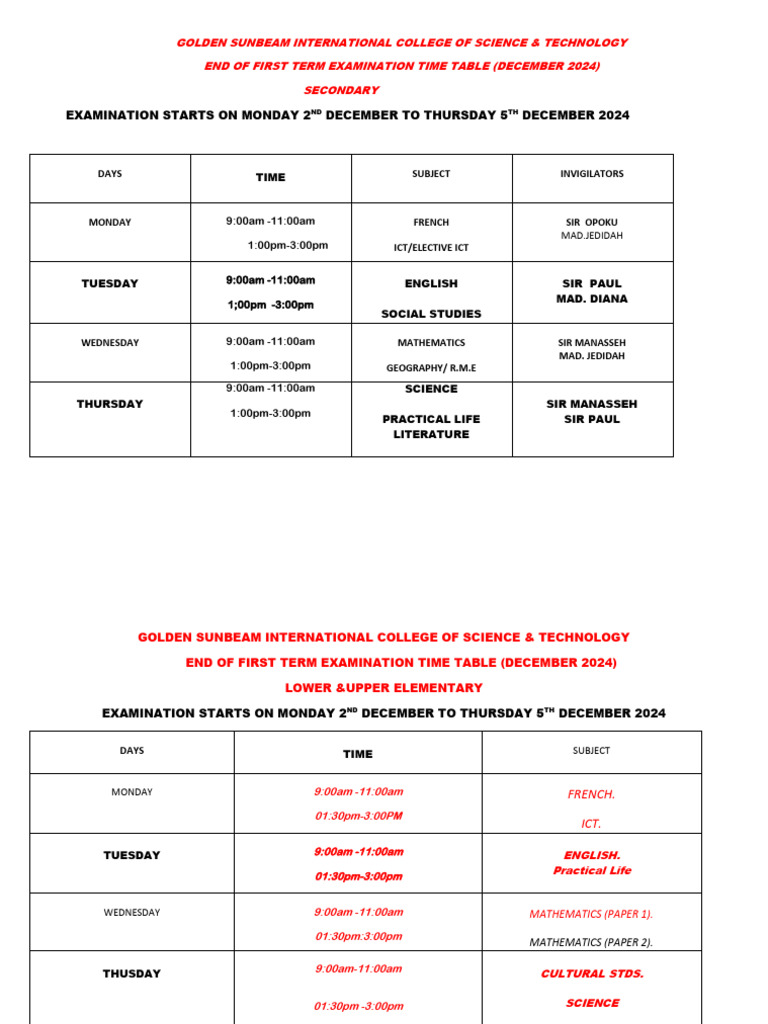 Sunbeam College Exam Timetable Dec 2024 | PDF