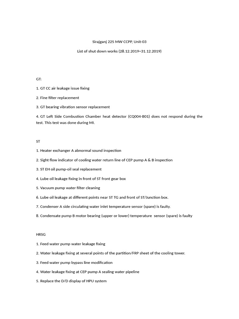 Shut down work, 28th to 31st December'19 | PDF