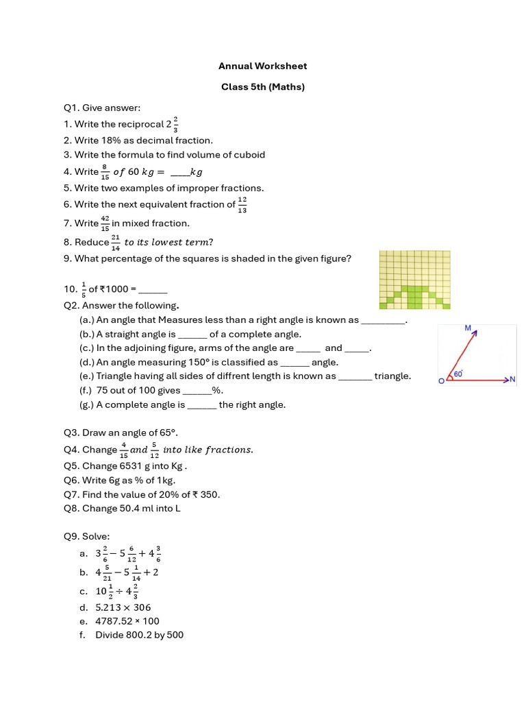 Annual Worksheet Class 5th (Maths) | PDF | Mathematics | Euclidean Geometry