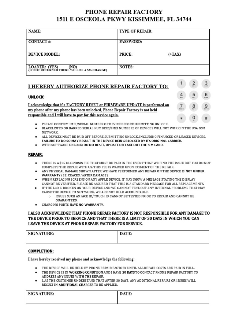 Phone Repair Factory Authorization Form | PDF | Computing | Mobile ...