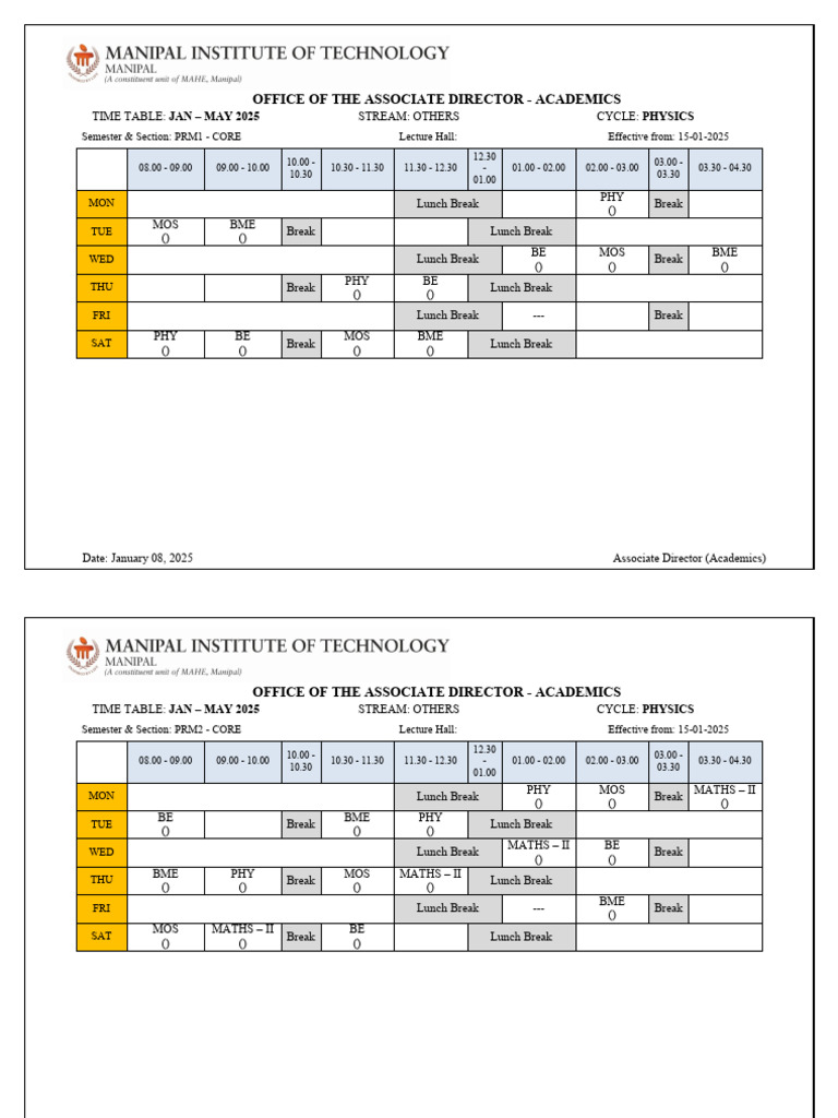 Physics Timetable Jan-May 2025 | PDF | Lunch | Meal