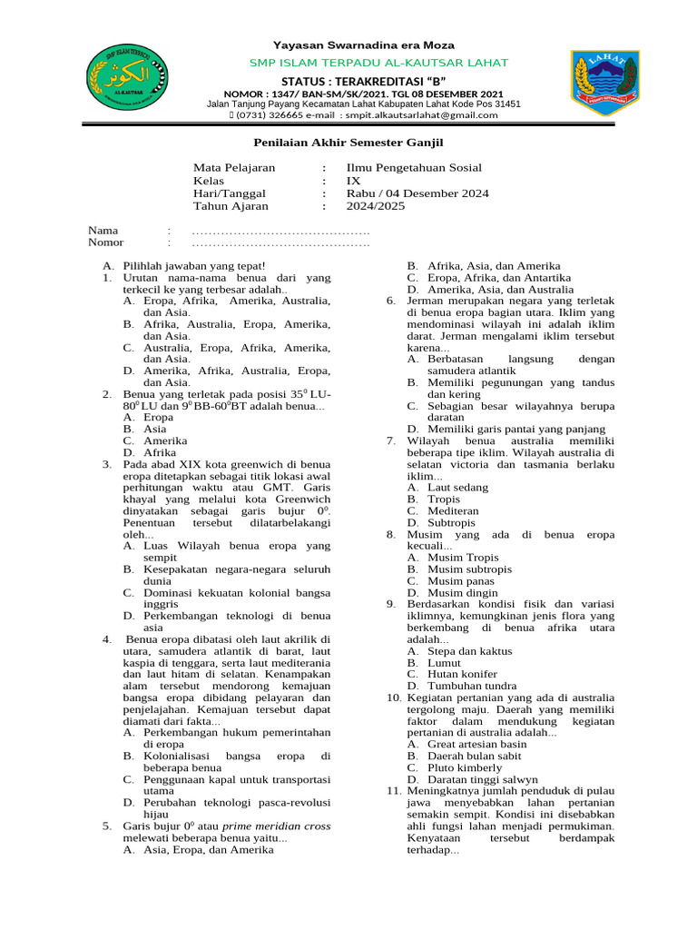 soal PAS ips kelas IX | PDF