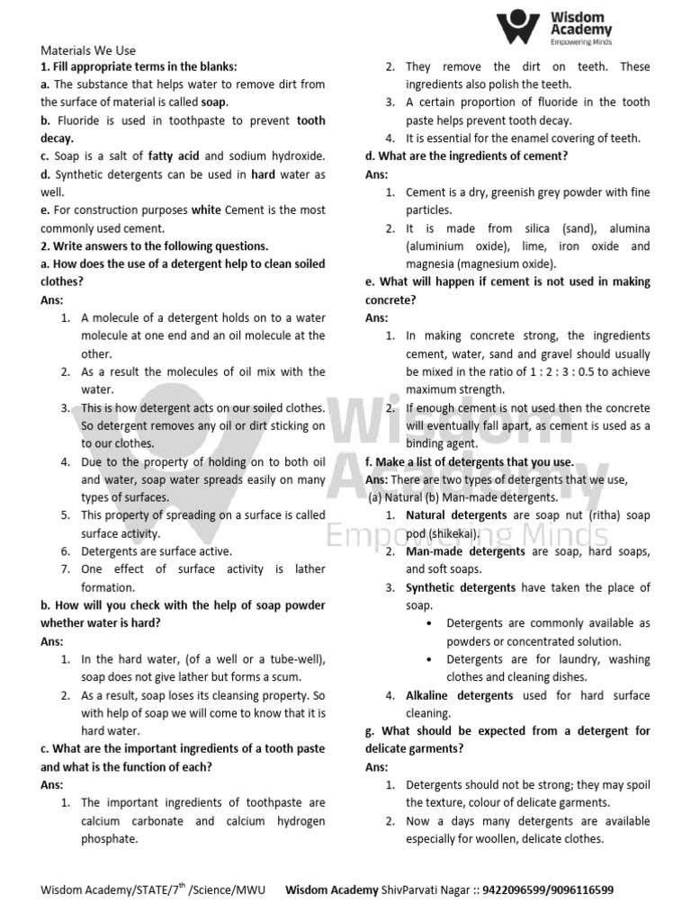 MH STD 7 CH 15 Materials We Use | PDF | Soap | Detergent