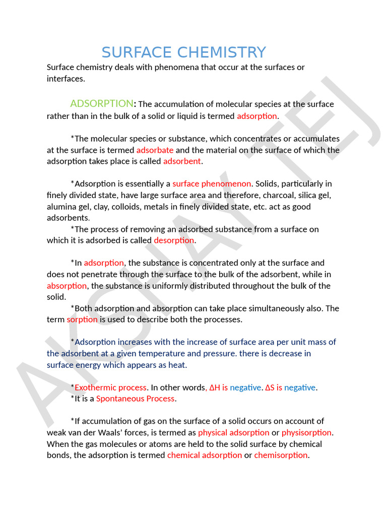 Surface Chemistry Short Notes | PDF | Adsorption | Emulsion