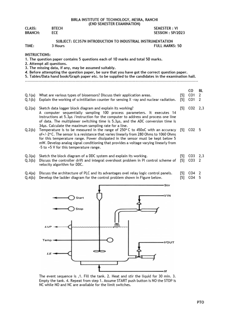 Industrial Instrumentation Exam Paper | PDF | Analog To Digital ...