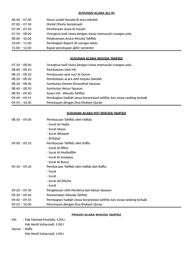 Susunan Acara Wisuda Tahfidz 2024 | PDF