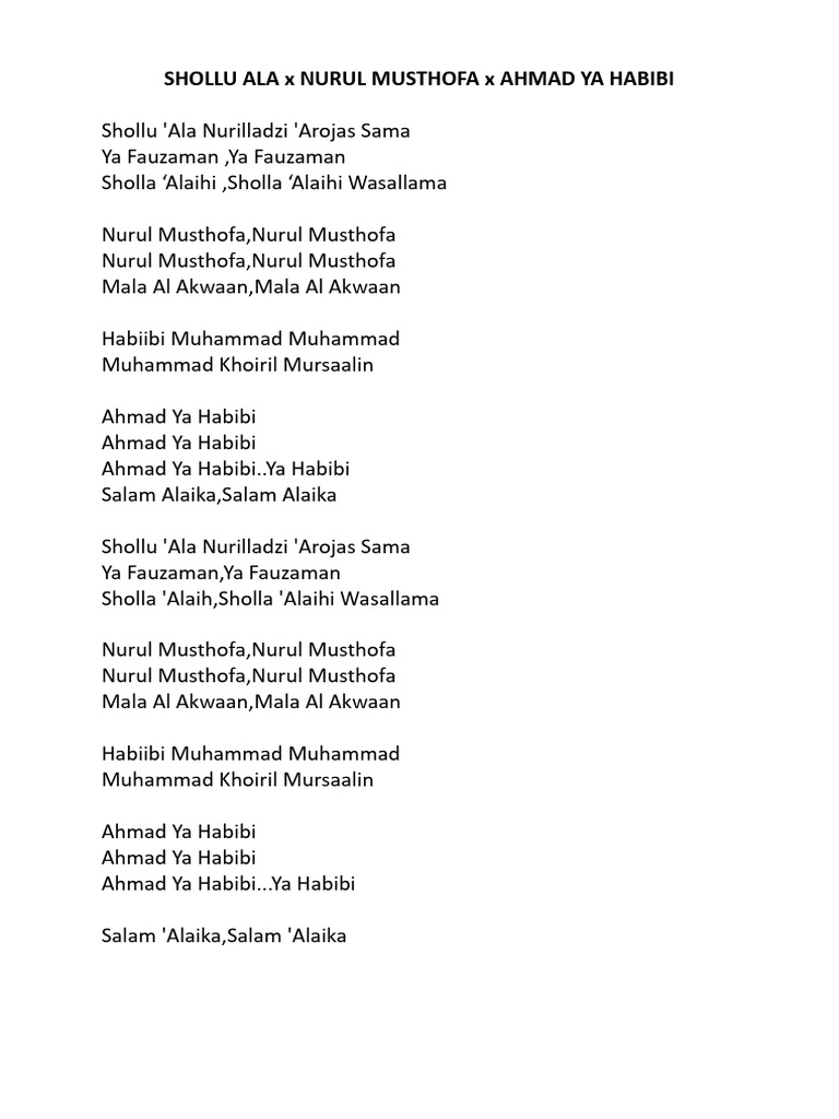 SHOLLU ALA X NURUL MUSTHOFA X AHMAD YA HABIBI | PDF