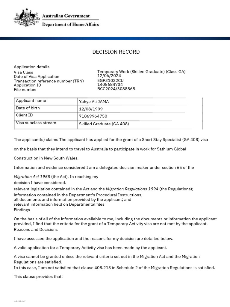 Refusal - Yahye Ali JAMA PDF | PDF | Cost Of Living | Travel Visa