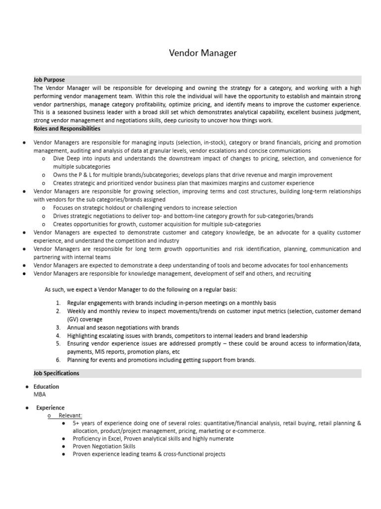 Vendor Manager Roles and Responsibilities | PDF | Pricing | Brand