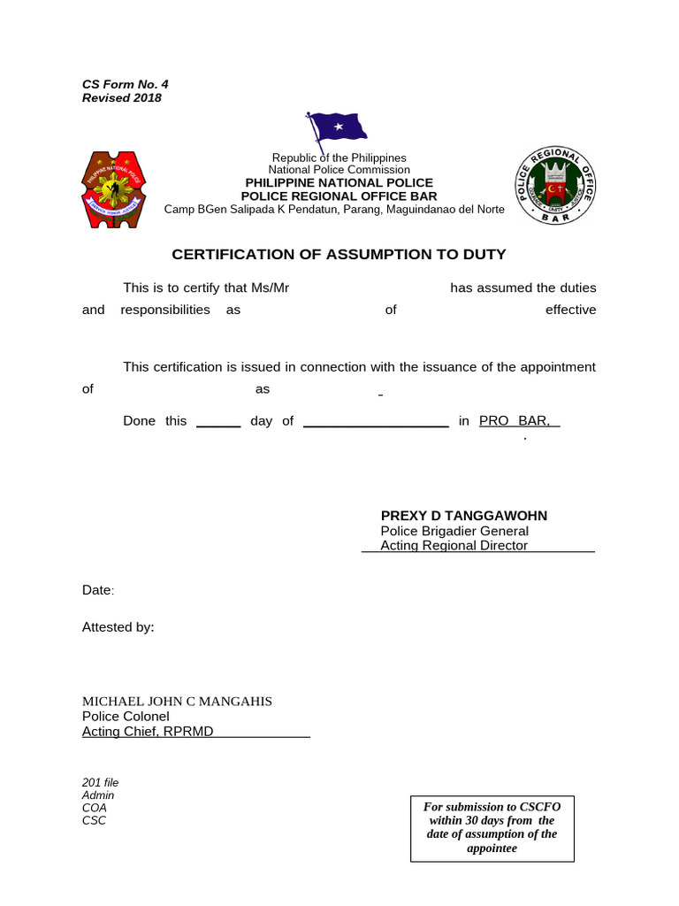 Certification of Assumption to Duty | PDF