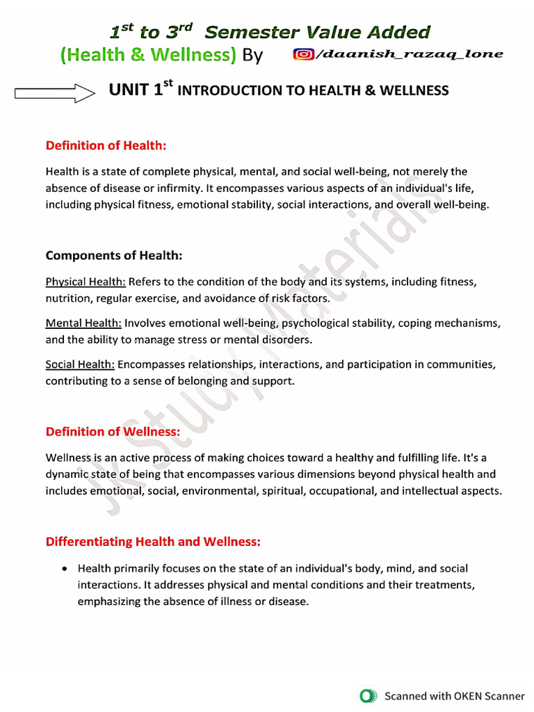 Health & Wellness Value Added Notes 1st To 3rd Sem by Danish Razaq | PDF