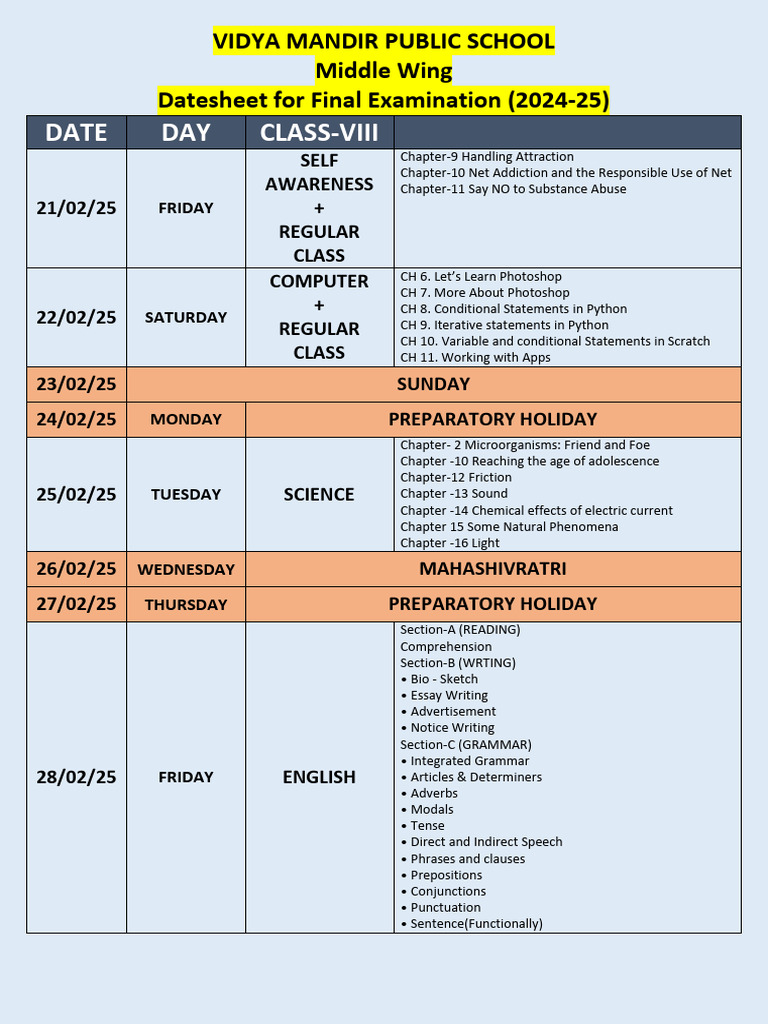 Class 8 Final Exam Date Sheet 2025 | PDF | Language Mechanics | Syntax