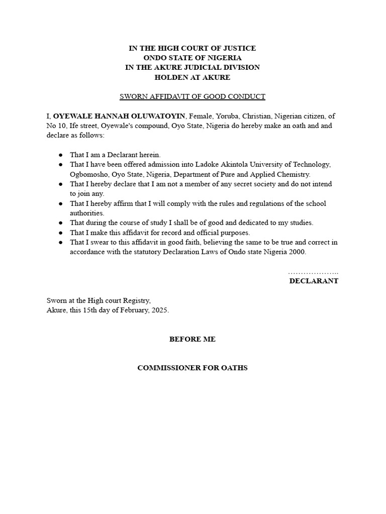 SWORN AFFIDAVIT OF GOOD CONDUCT | PDF