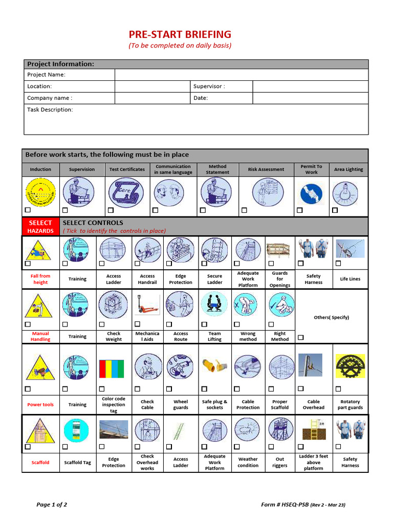 Daily Pre-Start Safety Briefing Checklist | PDF | Scaffolding | Safety