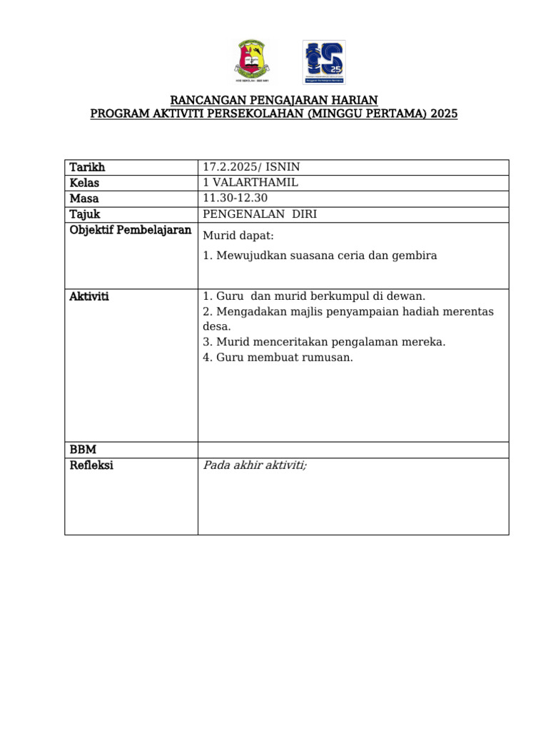 RPH Minggu 1 2025 | PDF