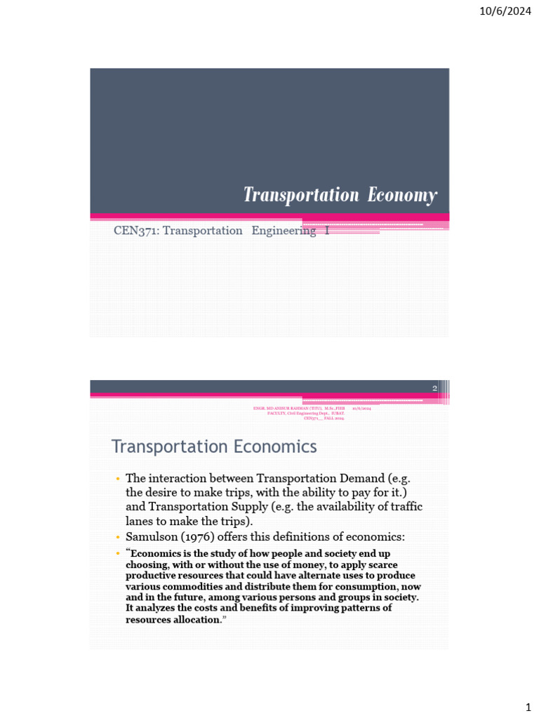 Transportation Economics Overview | PDF | Elasticity (Economics) | Demand