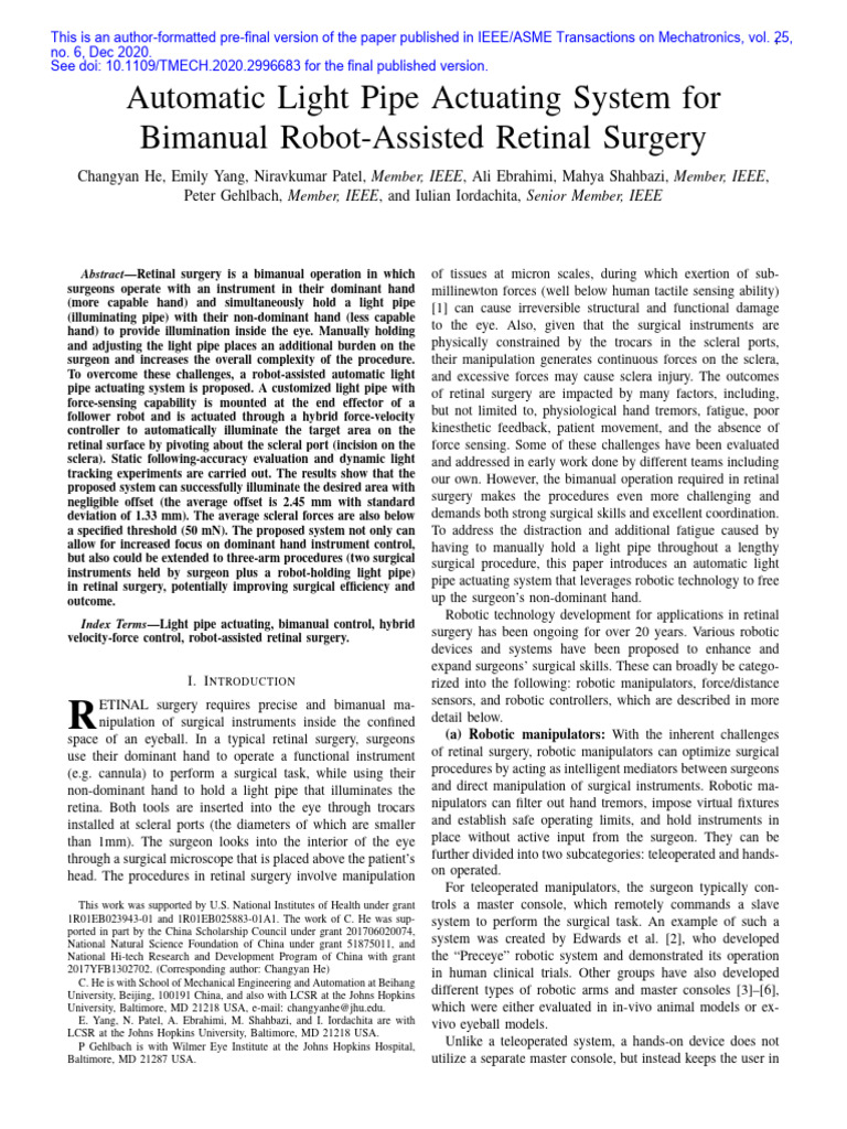 Robotic Light Pipe System for Retinal Surgery | PDF | Robotics | Force