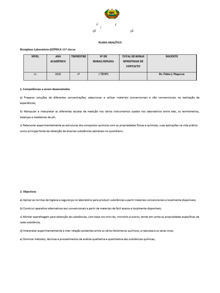 Plano Analitico Laboratorio Q 11a Classe | PDF | Laboratórios | Química