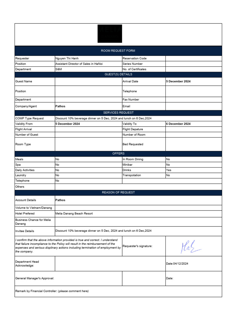 Room Request Form for Melia Danang | PDF