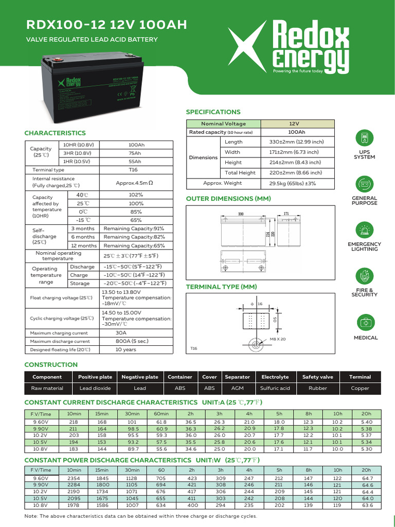 12V 100Ah Lead Acid Battery Specs | PDF | Energy Storage | Electricity